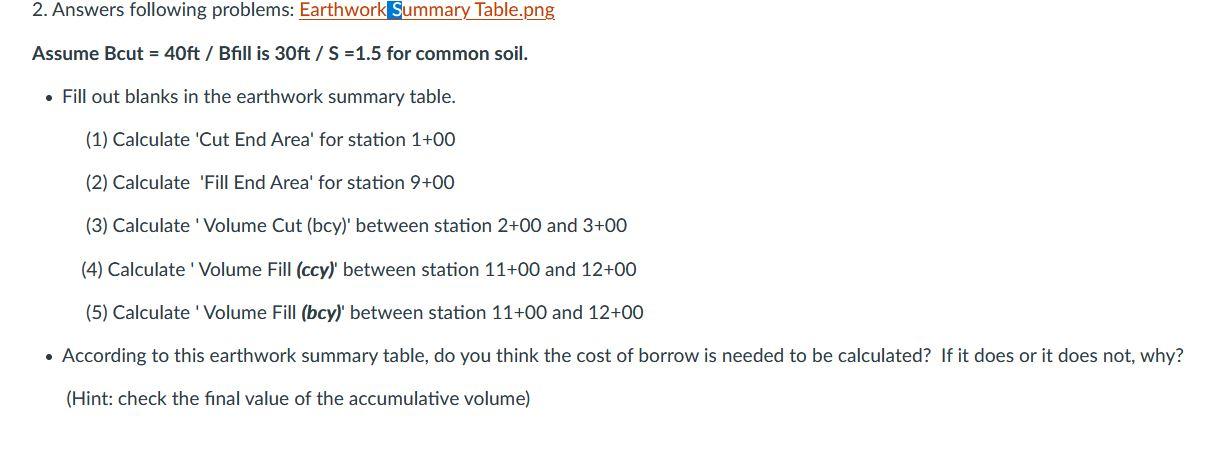 Solved EARTHWORK SUMMARY TABLE Fill End Area PID Station Cut | Chegg.com