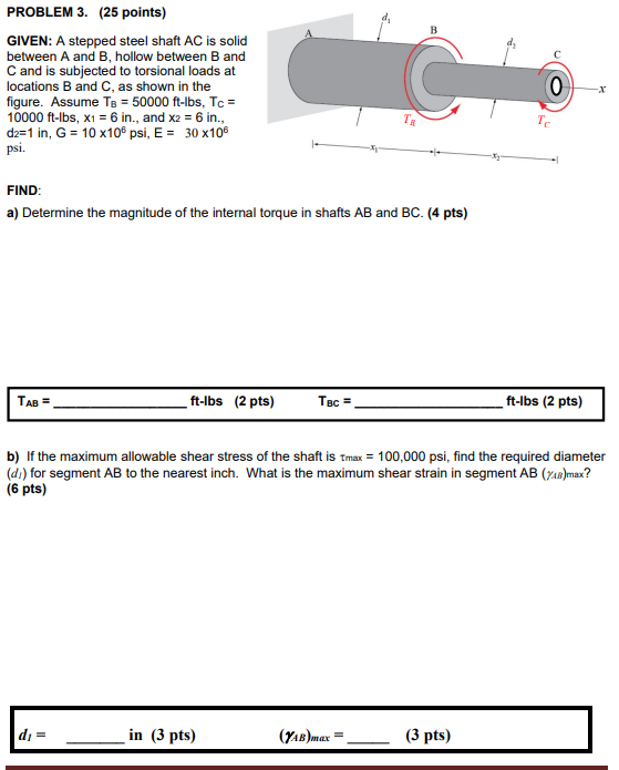 Solved PROBLEM 3. ( 25 points) GIVEN: A stepped steel shaft | Chegg.com