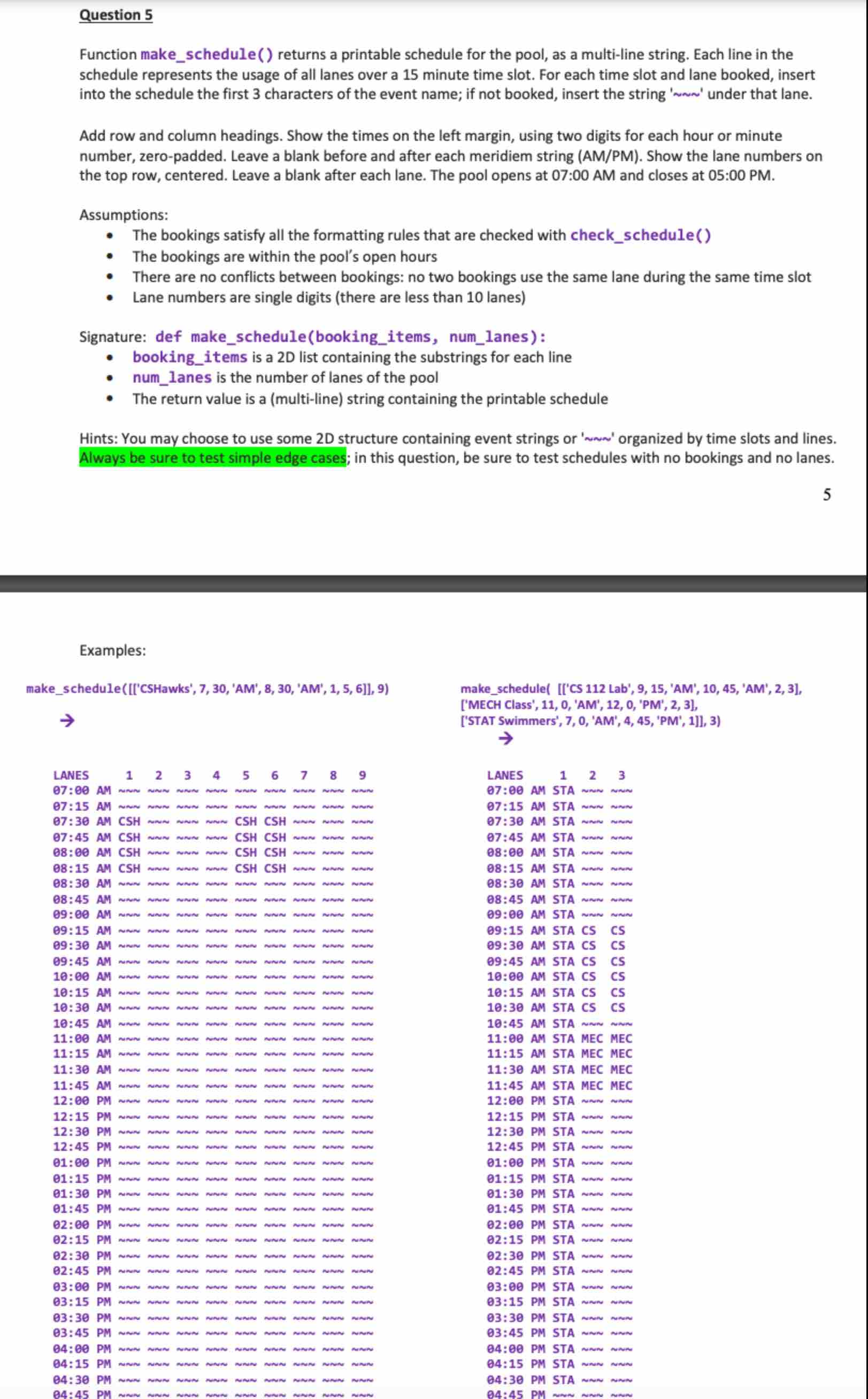 Solved write the code for Question 5Function make_schedule() | Chegg.com