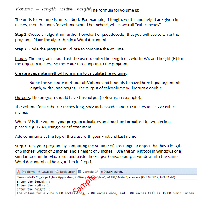 Solved olume-length width heghtThe formula for volume is: | Chegg.com