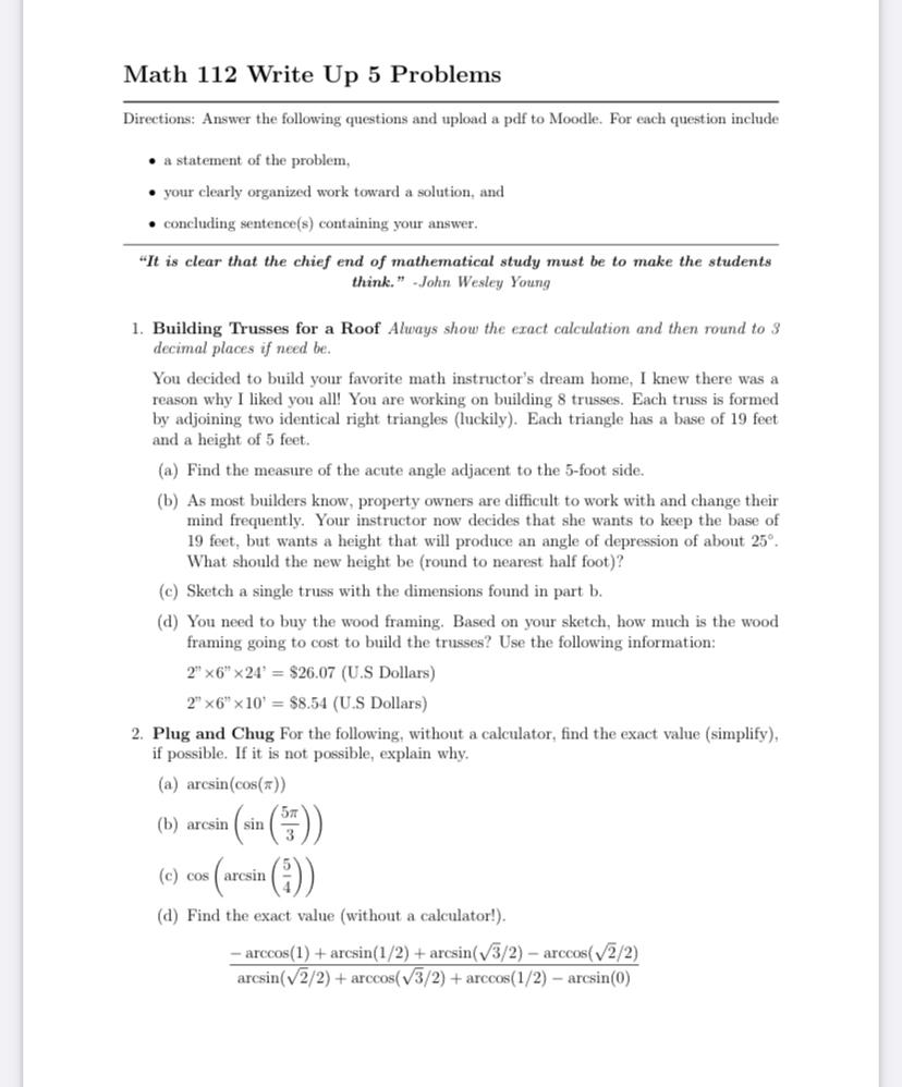 Solved Math 112 Write Up 5 Problems Directions: Answer the | Chegg.com