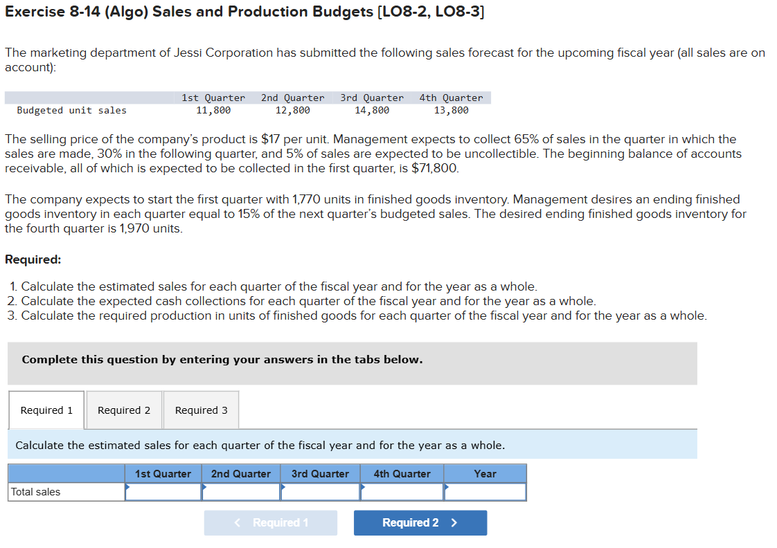 Solved Exercise 8-14 (Algo) ﻿Sales and Production Budgets | Chegg.com