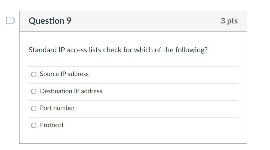 Solved Standard IP access lists check for which of the | Chegg.com