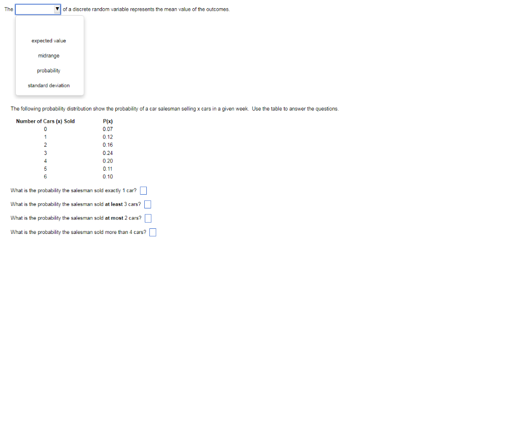 Solved The of a discrete random variable represents the mean | Chegg.com