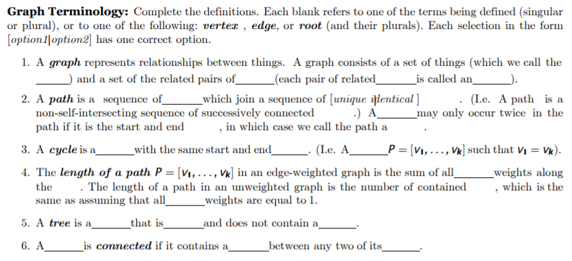 Solved Graph Terminology: Complete the definitions. Each | Chegg.com