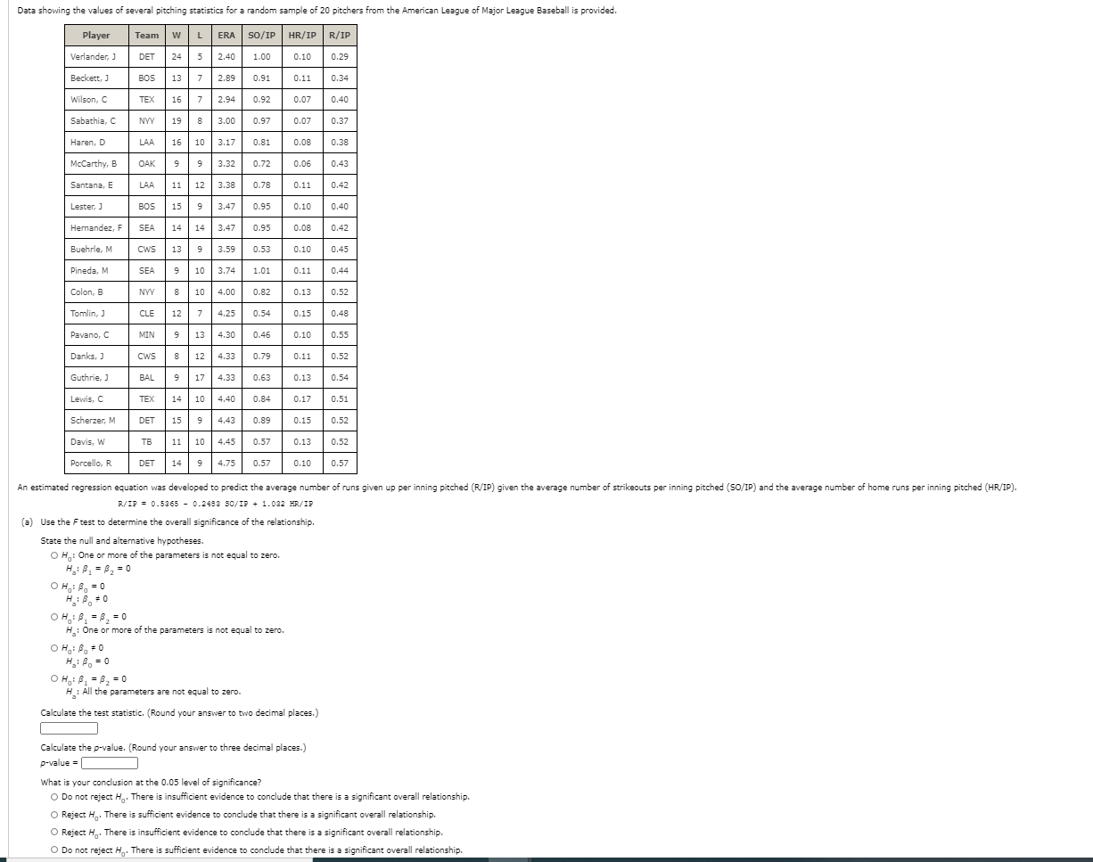 Solved Data showing the values of several pitching | Chegg.com