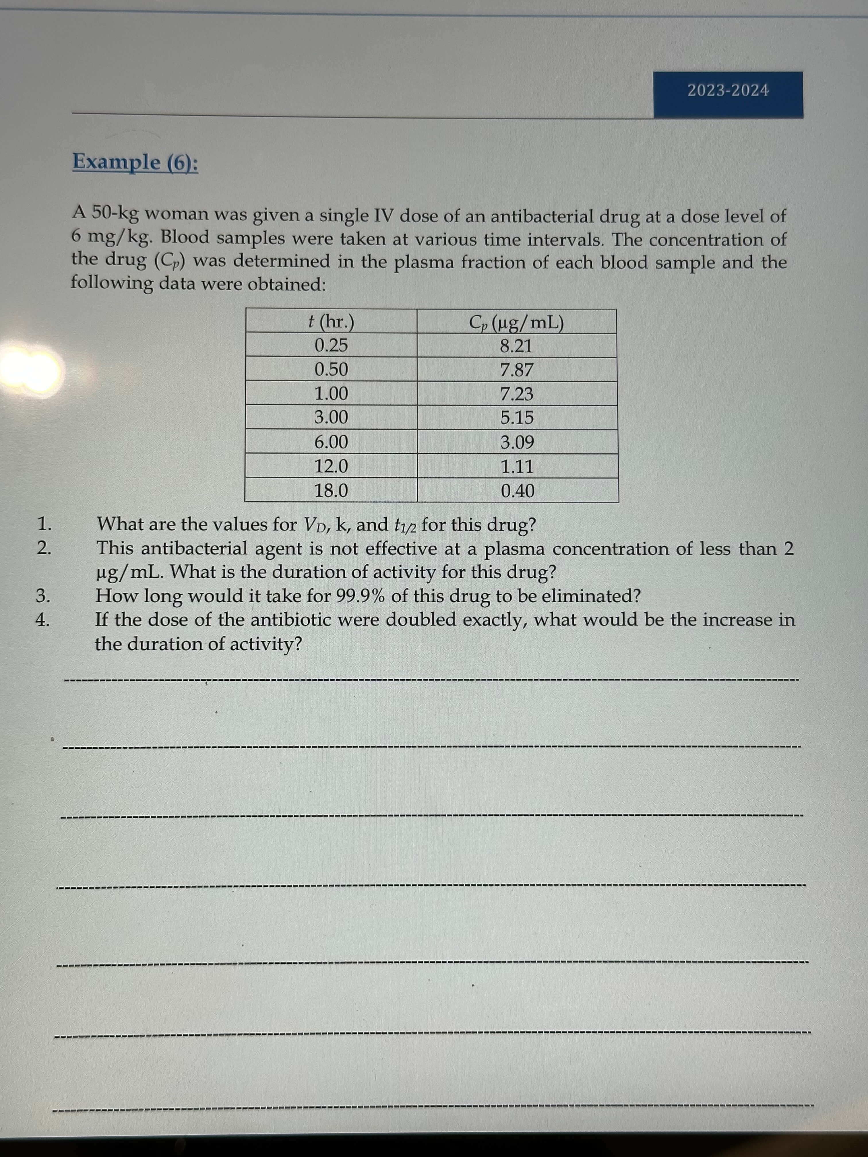 Solved A 50 Kg Woman Was Given A Single Iv Dose Of An