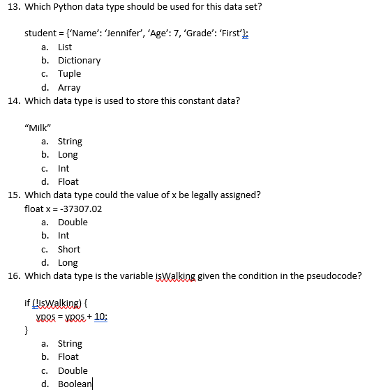 Solved 13. Which Python data type should be used for this | Chegg.com