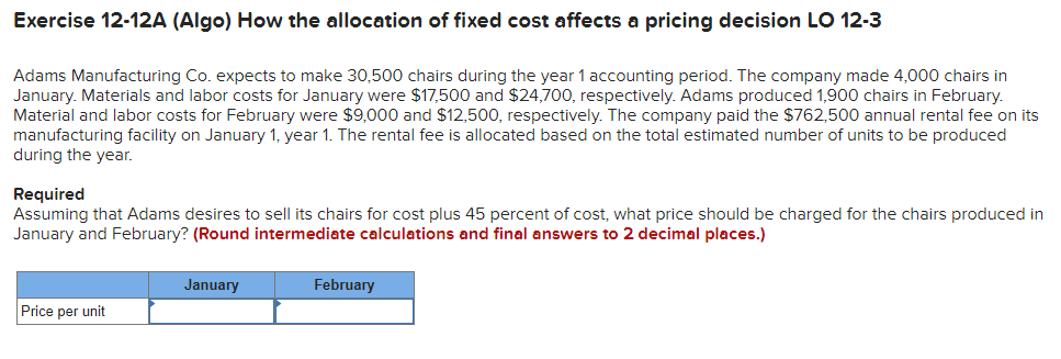 Solved Exercise 12-12A (Algo) How the allocation of fixed | Chegg.com