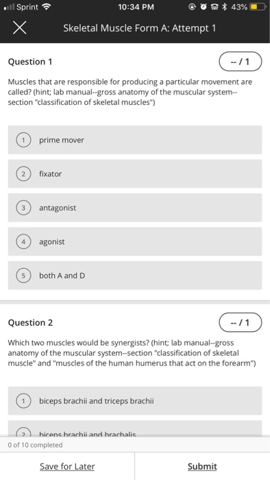 Solved .11 Sprint令 10:34 PM Skeletal Muscle Form A: Attempt | Chegg.com