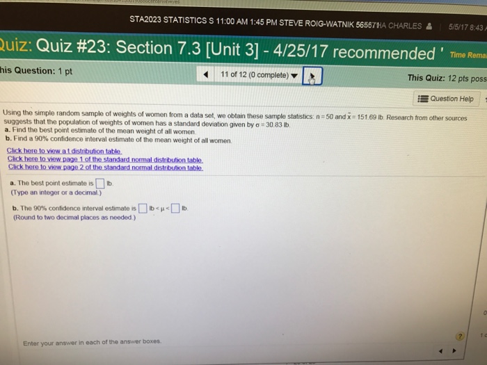 Solved Using the simple random sample of weights of women | Chegg.com