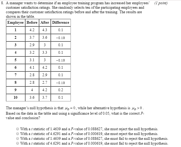 Solved 8. A manager wants to determine if an employee | Chegg.com