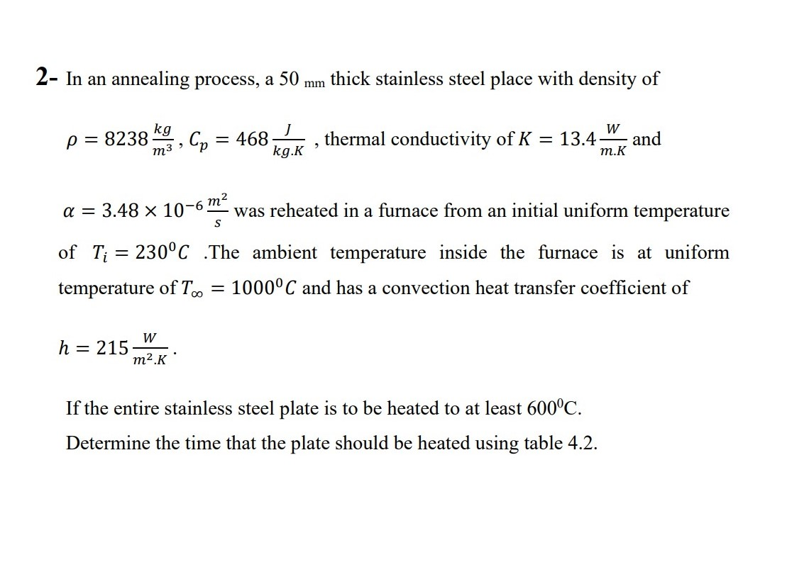 Solved 2- In an annealing process, a 50 mm thick stainless | Chegg.com