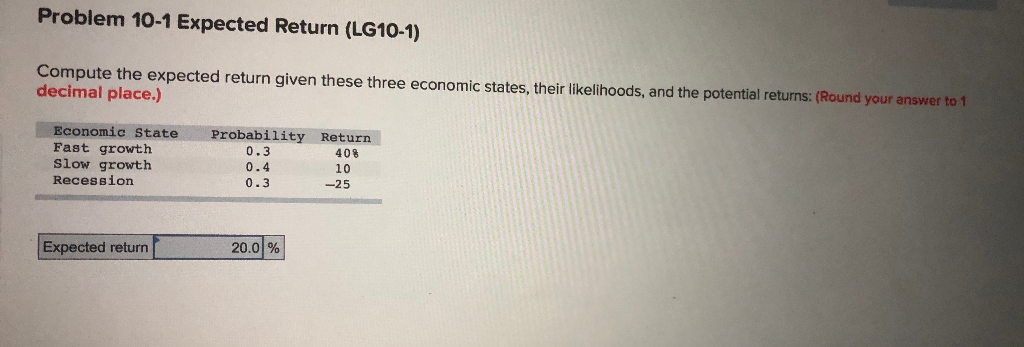 Solved Problem 10-1 Expected Return (LG10-1) Compute the | Chegg.com Solved Problem 10-1 Expected Return (LG10-1) Compute the | Chegg.com