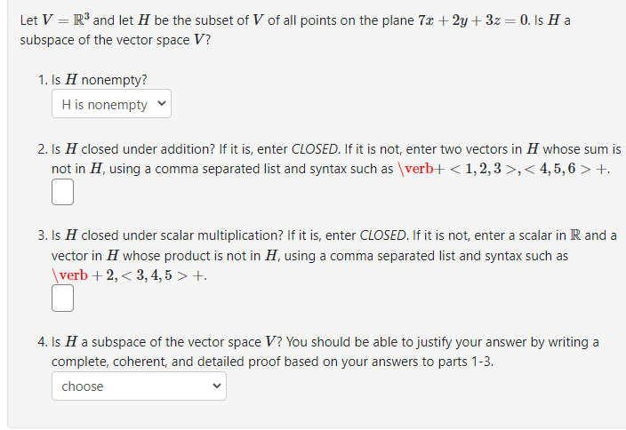 Solved Let V=R3 and let H be the subset of V of all points | Chegg.com