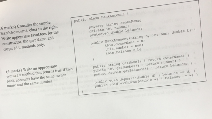 Solved 6 Marks Consider The Simple Bankaccount Class To The 