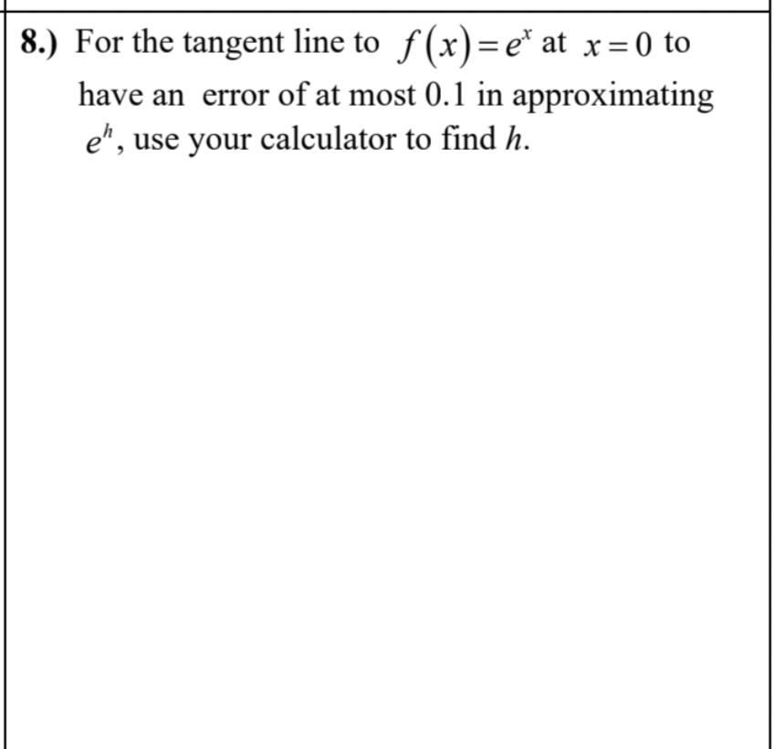 Solved 8.) For the tangent line to f(x)=ex at x=0 to have an | Chegg.com