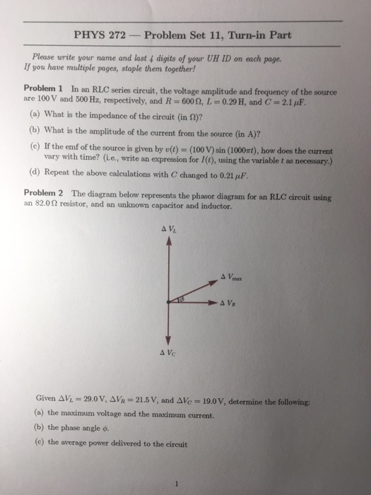 Solved PHYS 272-Problem Set 11, Turn-in Part Please write | Chegg.com