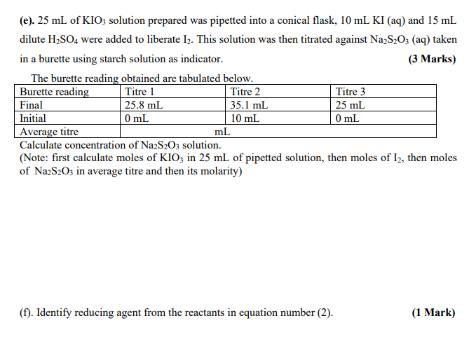 (e). 25 mL of KIO3 solution prepared was pipetted | Chegg.com