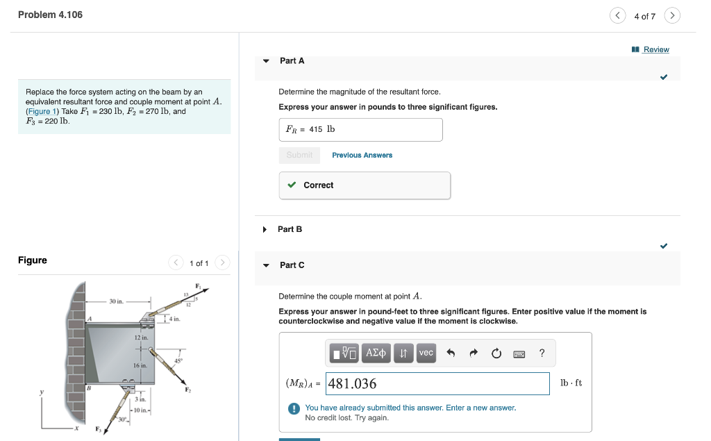 Solved Replace the force system acting on the beam by an | Chegg.com