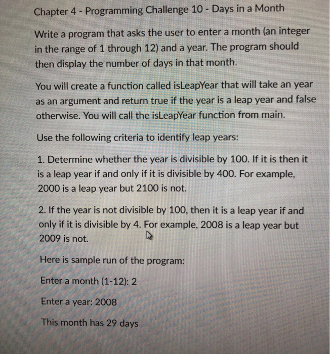 Solved Chapter 4 - Programming Challenge 10- Days in a Month | Chegg.com