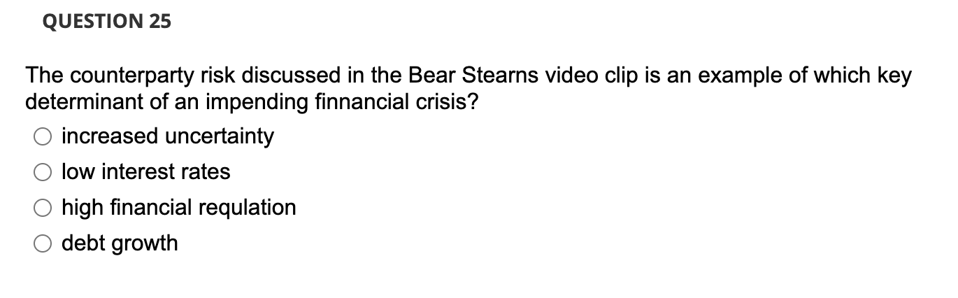 Solved QUESTION 25 The counterparty risk discussed in the | Chegg.com