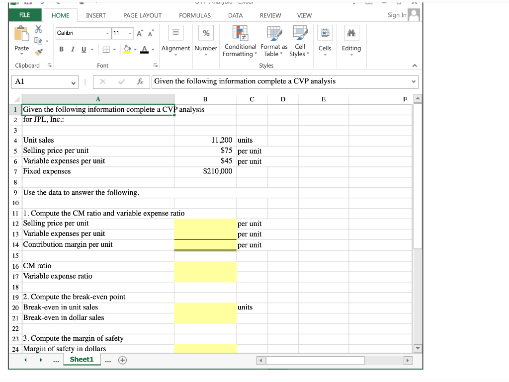 Solved CVP Analysis using Excel's Basic Math Functions JPL, | Chegg.com