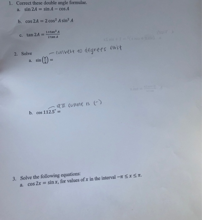 Solved 1. Correct these double angle formulae. a. sin 2A sin | Chegg.com