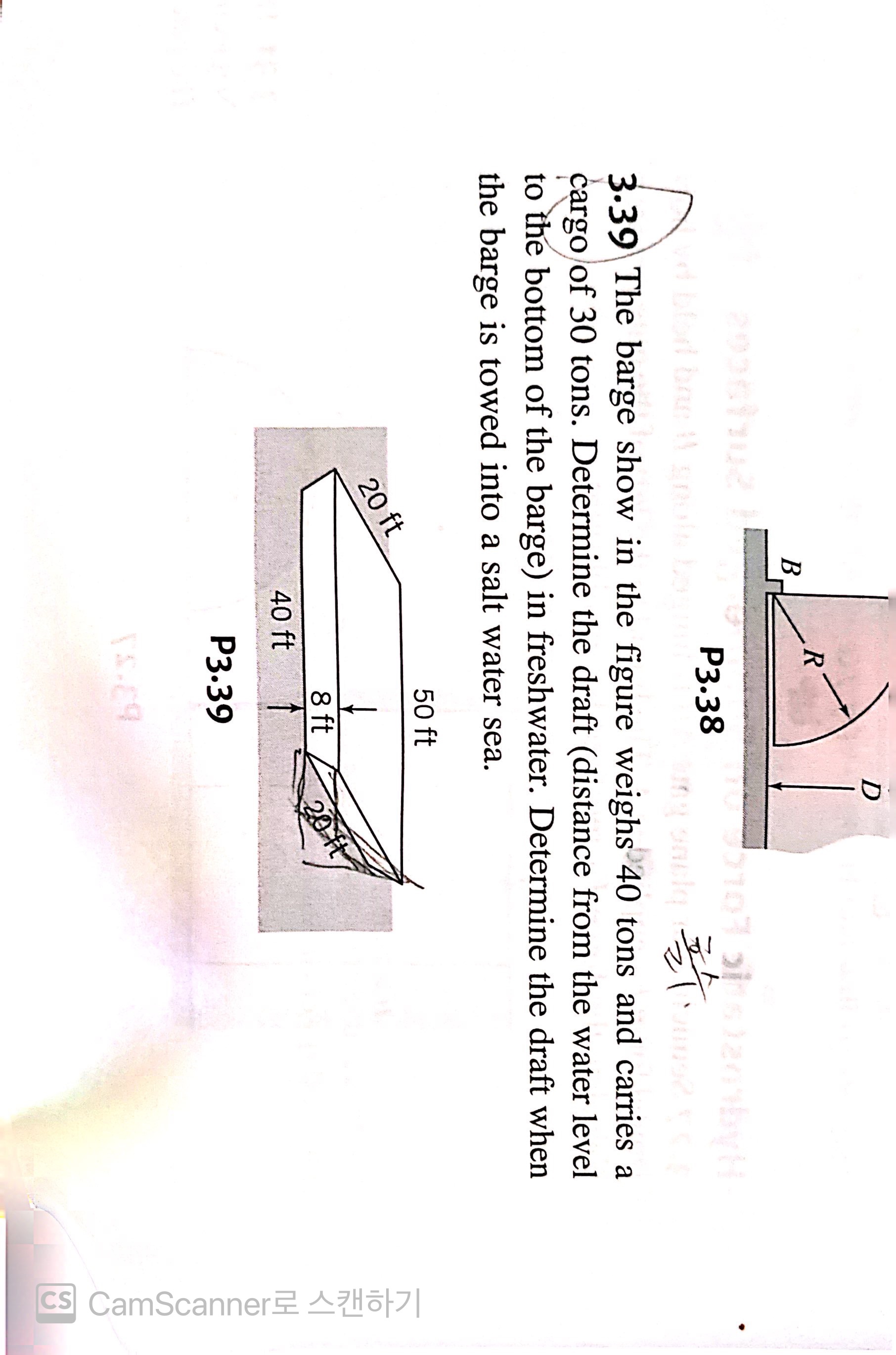 Solved 3.39 The barge show in the figure weighs 40 tons and | Chegg.com