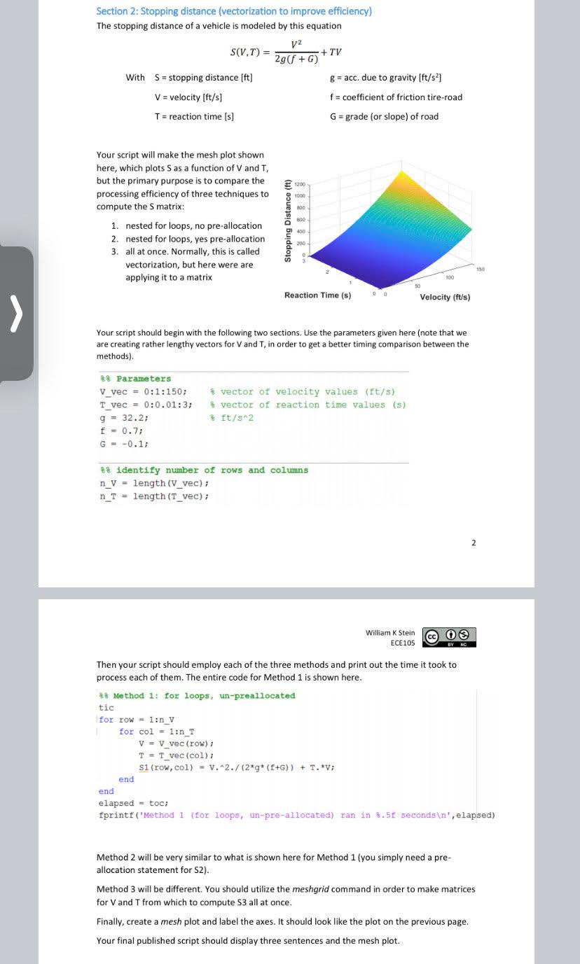 Solved Section 2: Stopping distance (vectorization to | Chegg.com