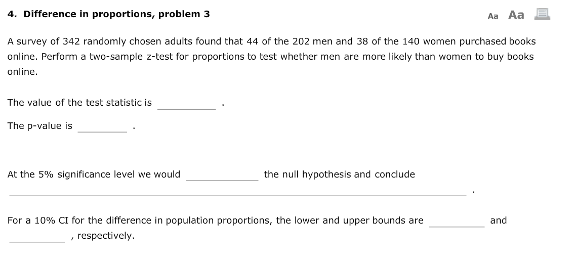 Solved 4. Difference in proportions, problem 3 Aa Aa E A | Chegg.com