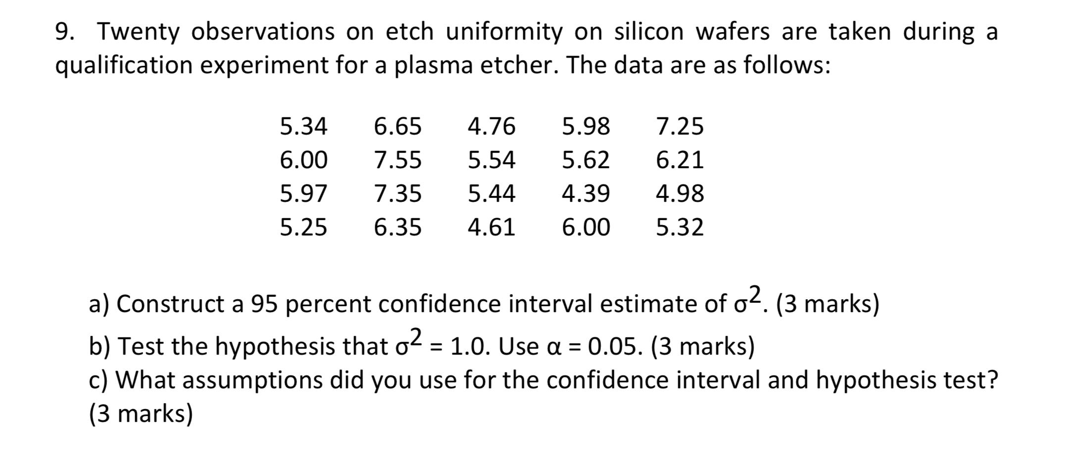 Solved 9. Twenty observations on etch uniformity on silicon | Chegg.com