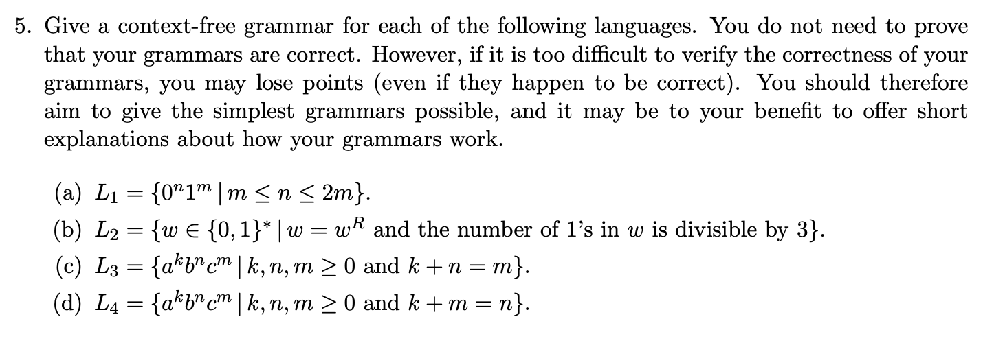 Solved 5. Give a context-free grammar for each of the | Chegg.com