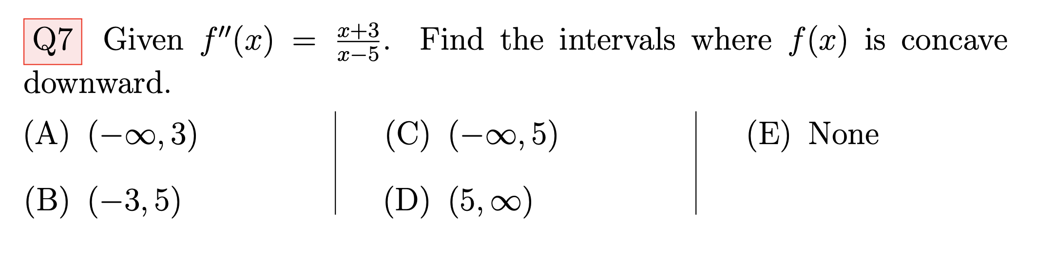 Solved Q7 Given f′′(x)=x−5x+3. Find the intervals where f(x) | Chegg.com