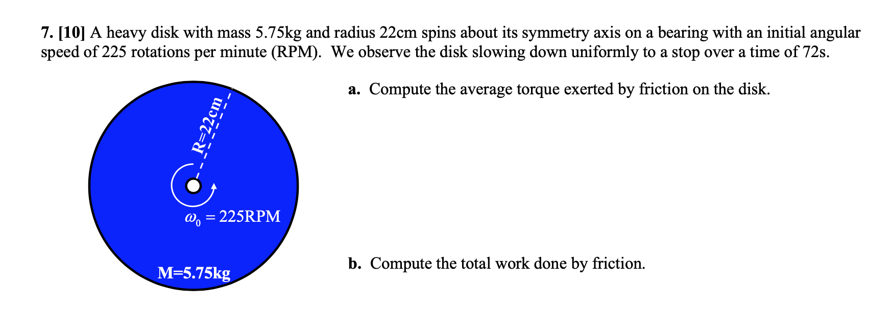 Solved 7. [10] A heavy disk with mass 5.75kg and radius 22cm | Chegg.com