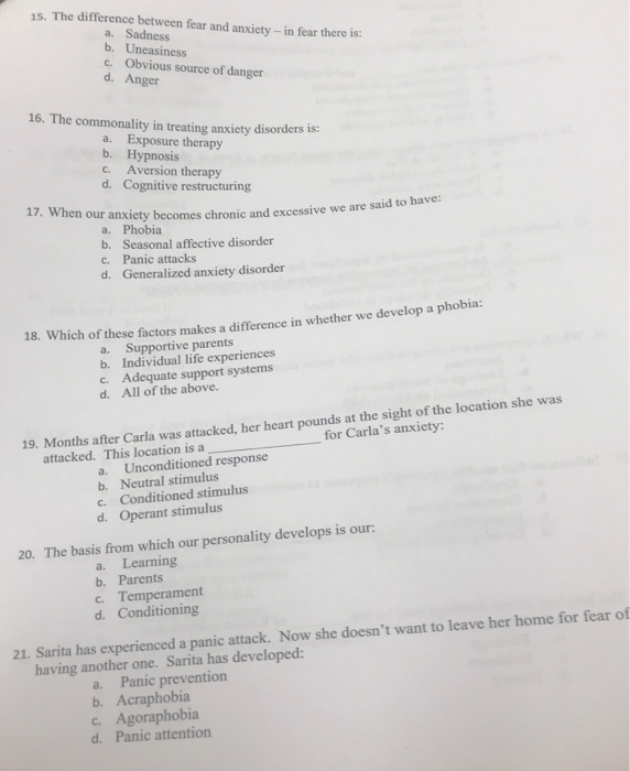 Solved 15. The difference between fear and anxiety- in fear | Chegg.com