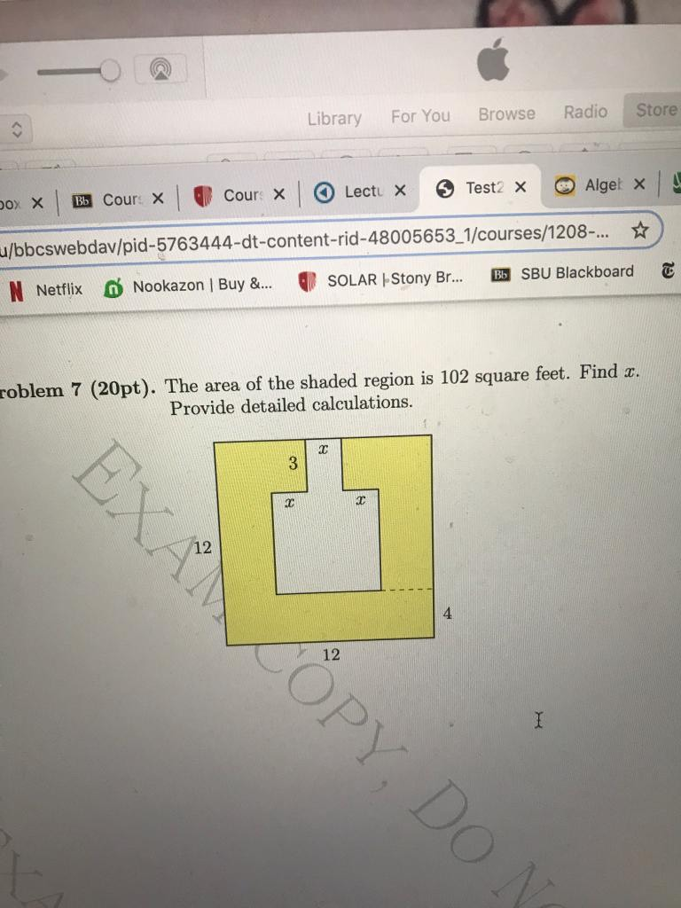 Solved The area of the shaded region is 102 square feet. | Chegg.com