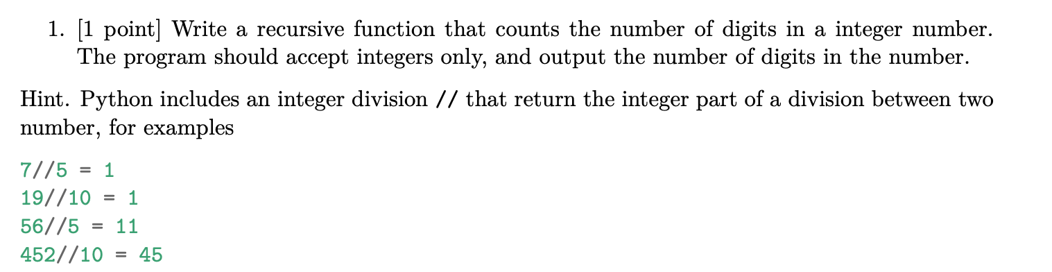 Solved 1. [1 point] Write a recursive function that counts | Chegg.com