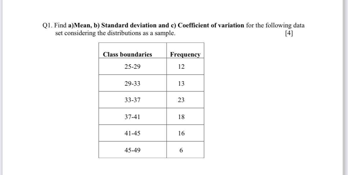 Solved Q1. Find a) Mean, b) Standard deviation and c) | Chegg.com