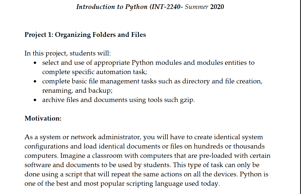 Introduction to Python (INT-2240- Summer 2020 Project | Chegg.com