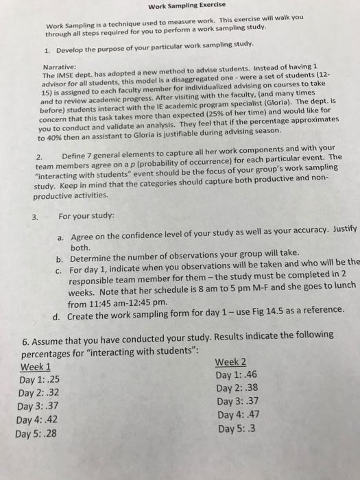 Work Sampling Exercise Work Sampling is a technique | Chegg.com