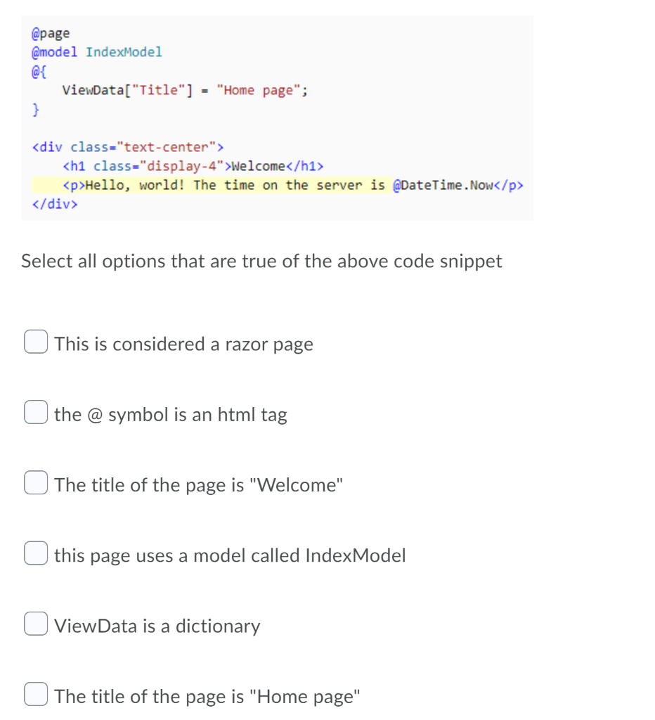 Solved @page @model IndexModel @{ ViewData["Title"] } = | Chegg.com