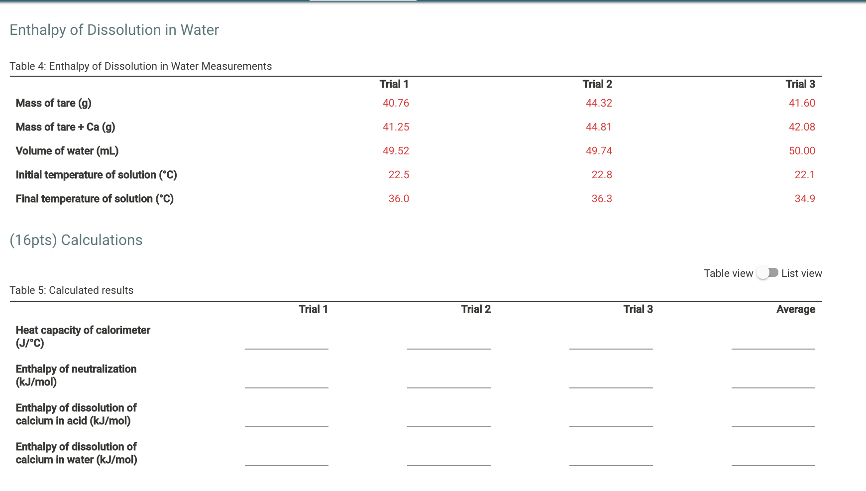Solved Heat Capacity of the Calorimeter Table 1: Calorimeter | Chegg.com