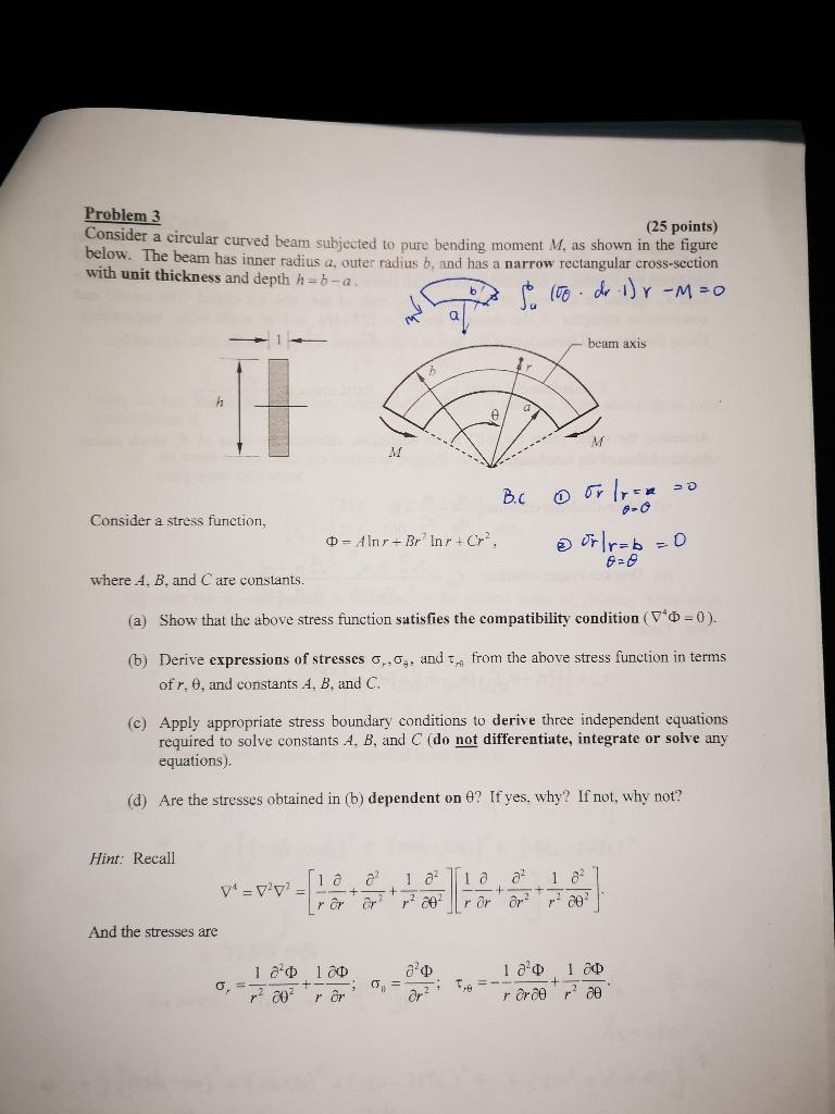 Problem 3 (25 points) Consider a circular curved beam | Chegg.com