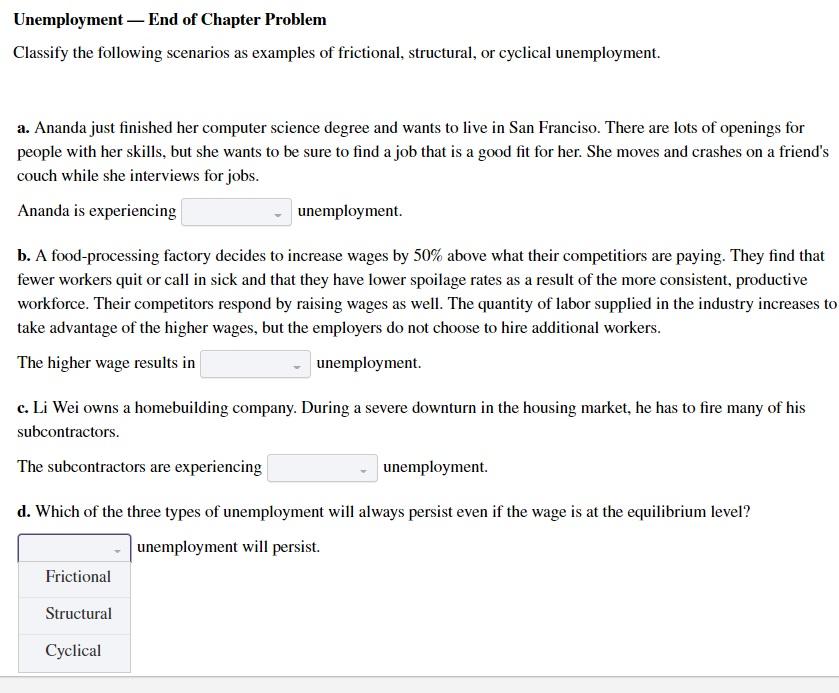 Solved Unemployment - End of Chapter Problem Classify the | Chegg.com