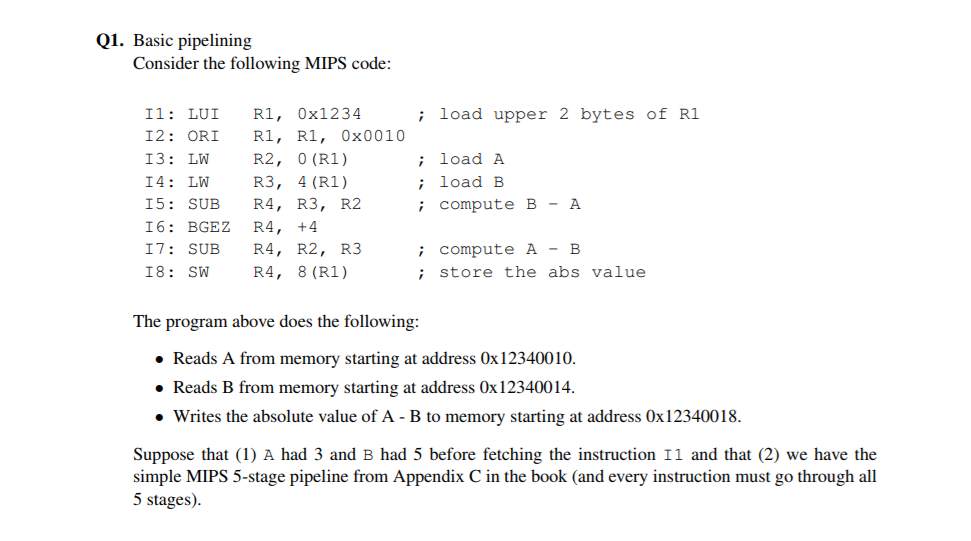 Q1. Basic pipelining Consider the following MIPS code | Chegg.com