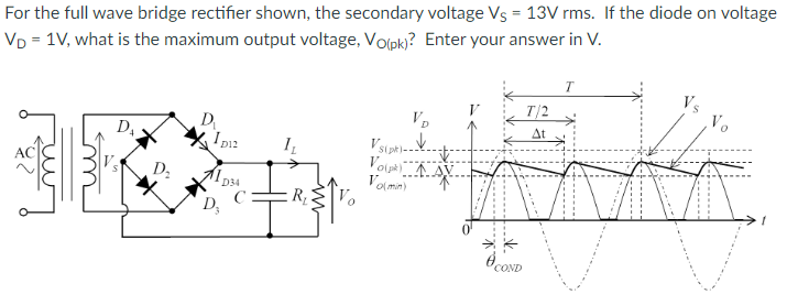 Solved For the full wave bridge rectifier shown, the | Chegg.com