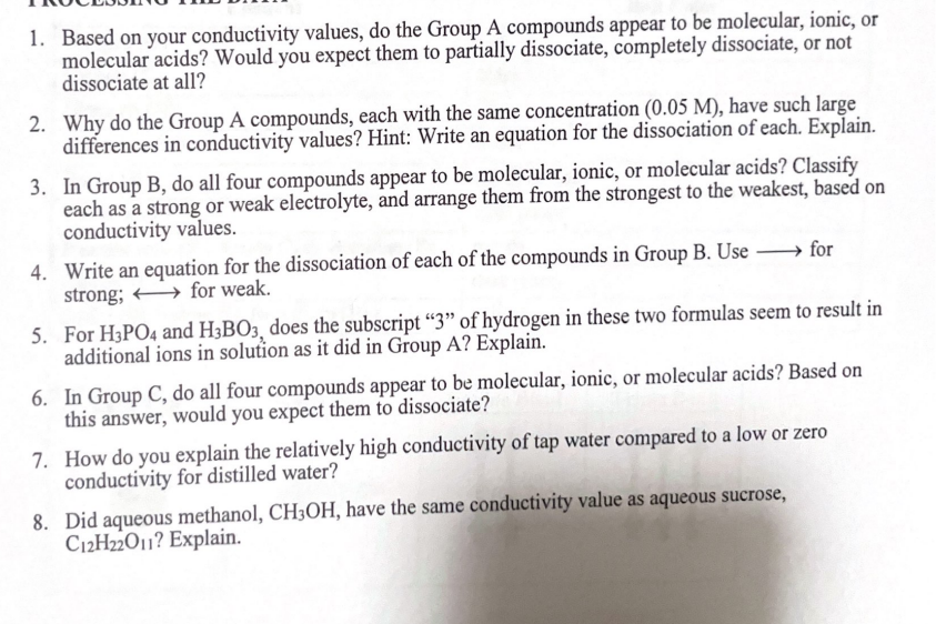 Solved Data Table1 Based On Your Conductivity Values Do 
