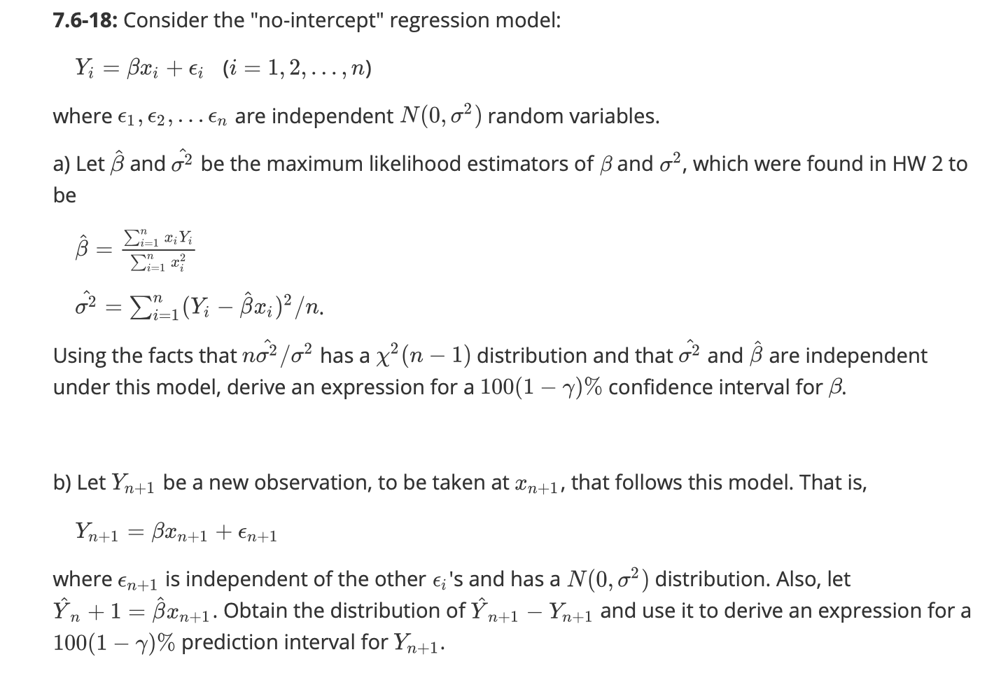 7.6-18: Consider the "no-intercept" regression model: | Chegg.com