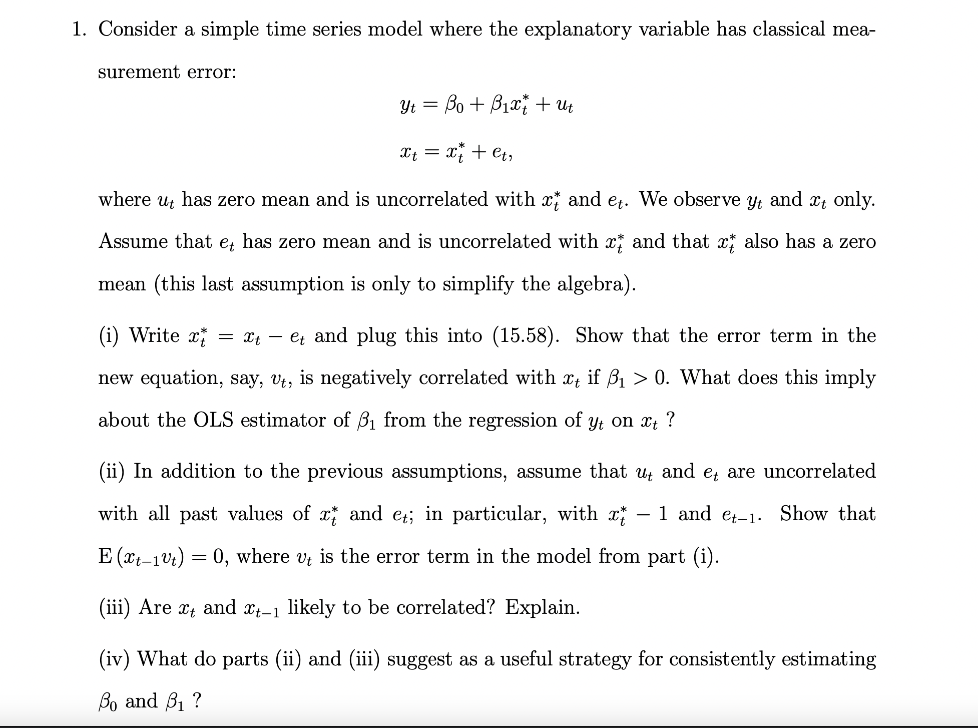 Solved 1. Consider a simple time series model where the | Chegg.com